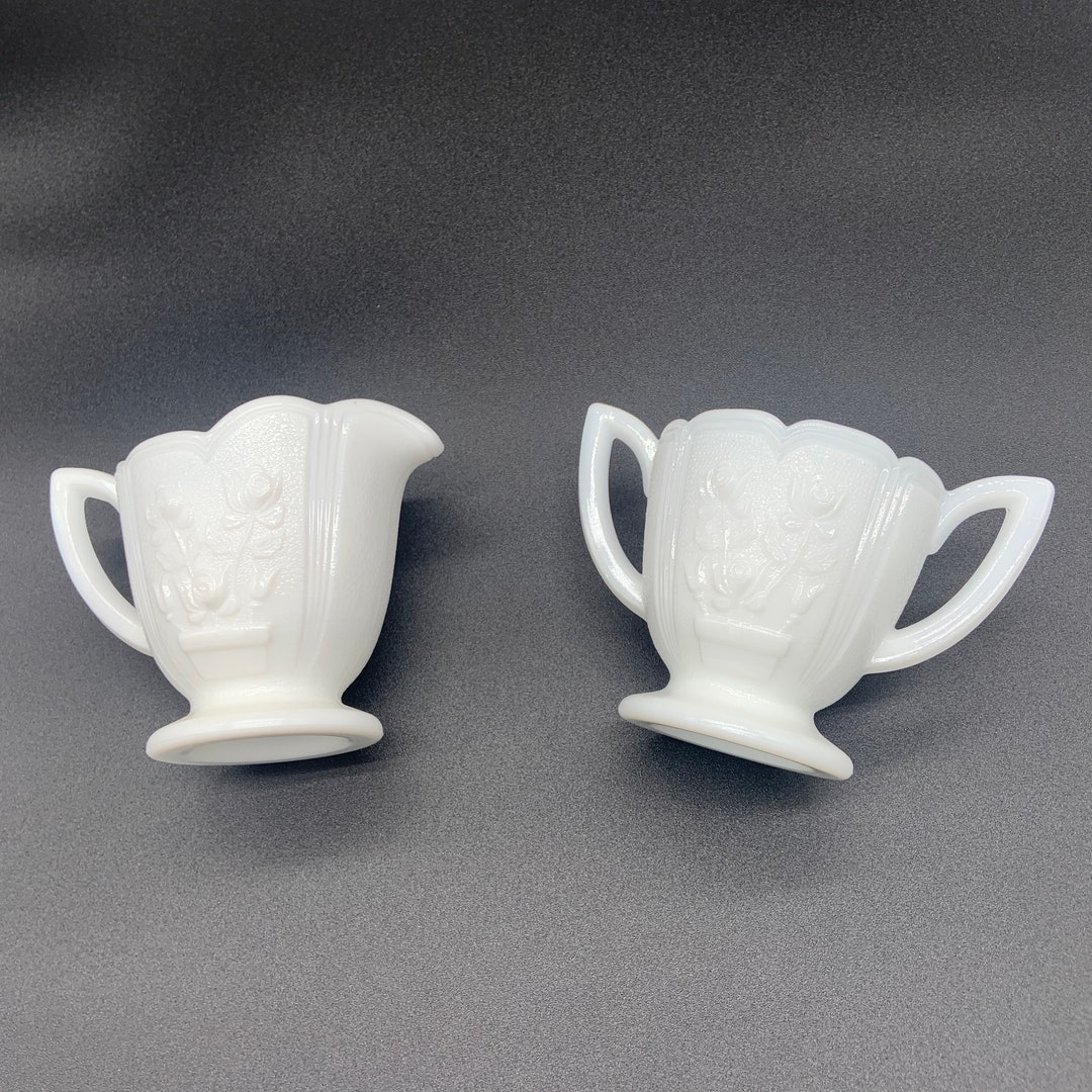 Vintage Imperial Milk Glass Rose Pattern Sugar and Creamer, Collectible ...