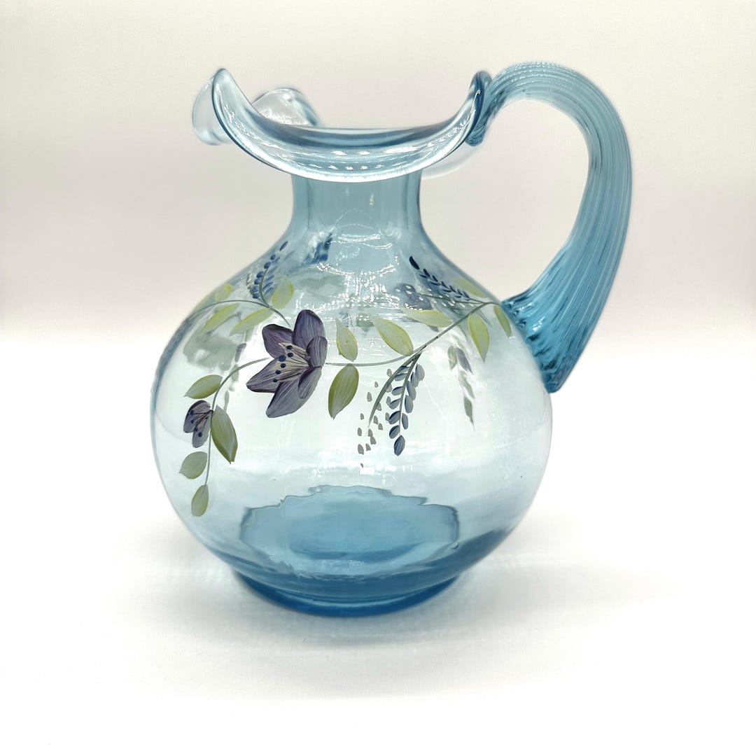 Vintage Fenton Ice Blue Hand Painted Water Pitcher, Signed by Artist - Etsy