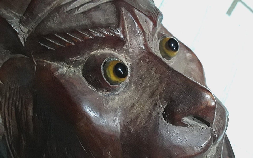 Highly Detailed Antique MONKEY MASK Hand Carved Hard Dark Wood Glass ...