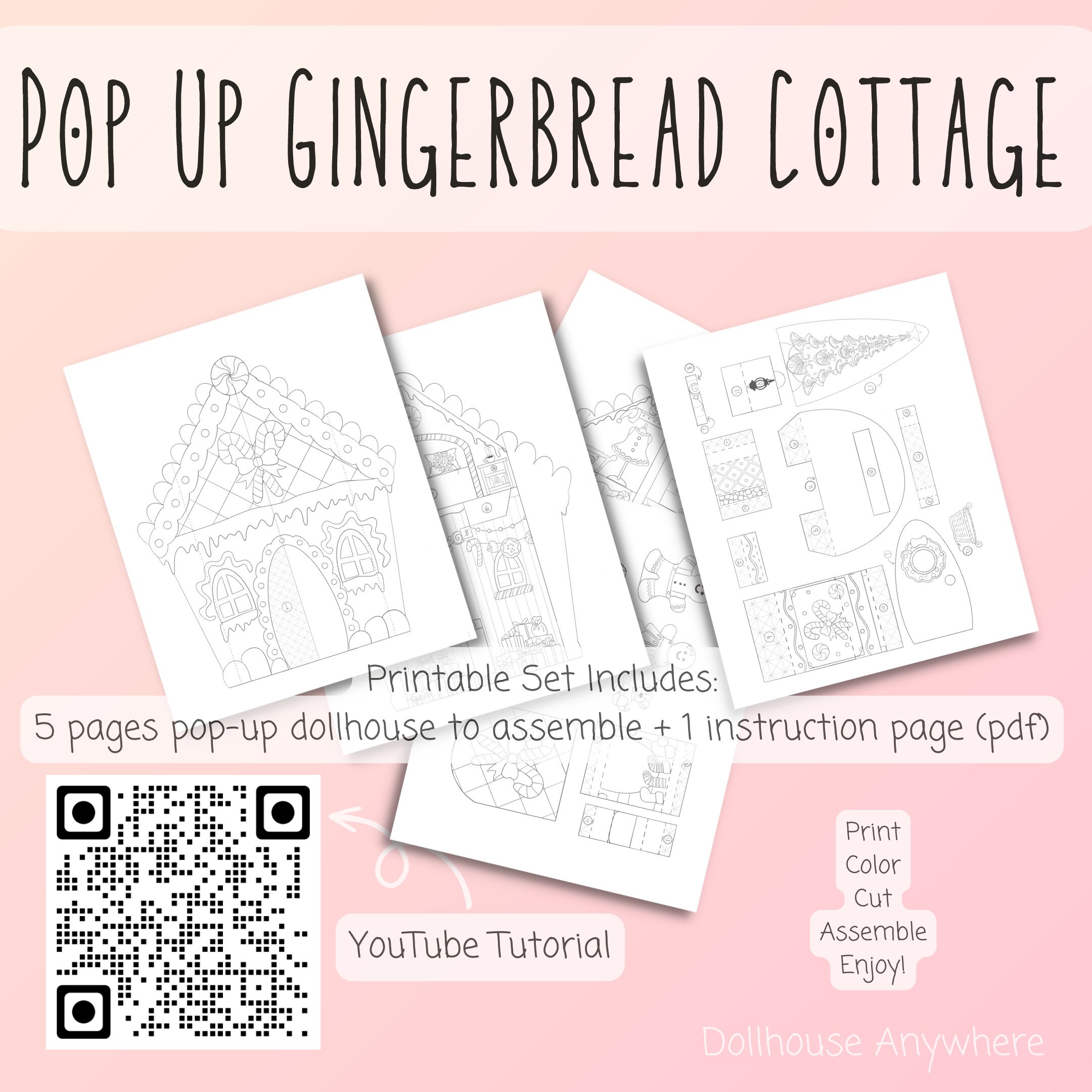 Printable Gingerbread Cottage, COLORING BOOK VERSION, Paper House ...