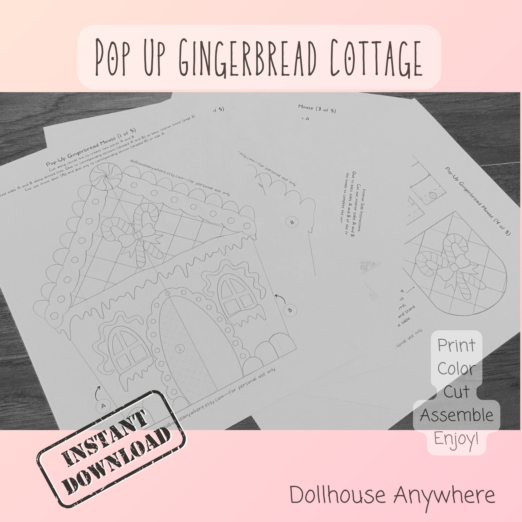 Printable Gingerbread Cottage, COLORING BOOK VERSION, Paper House ...