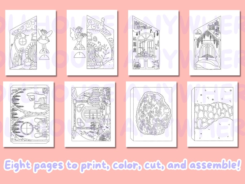 Printable Coloring Book Fairy House, Portable, Foldable, DIY, Paper ...