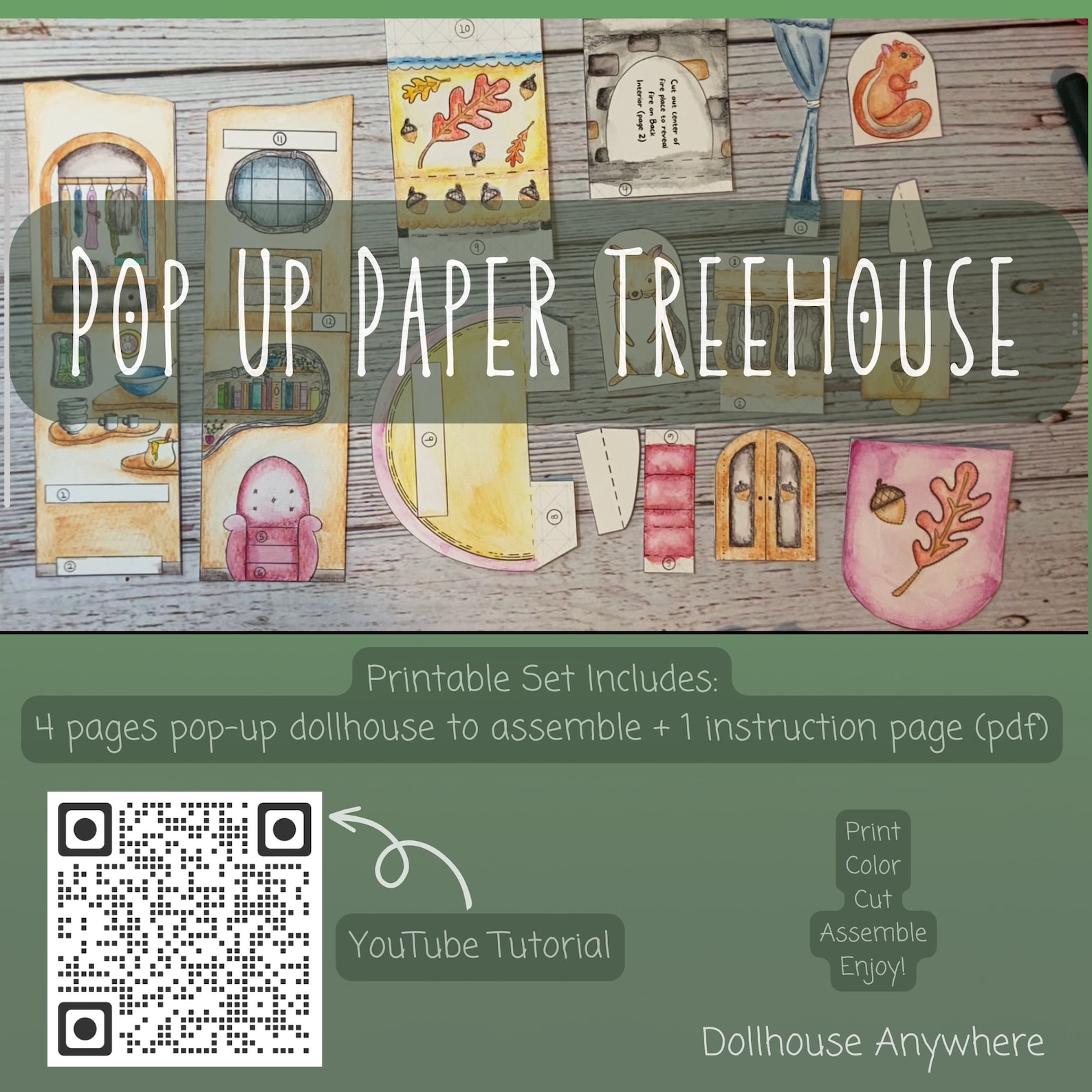 Printable Pop up Dollhouse, Paper Tree House, Portable, Foldable, DIY ...