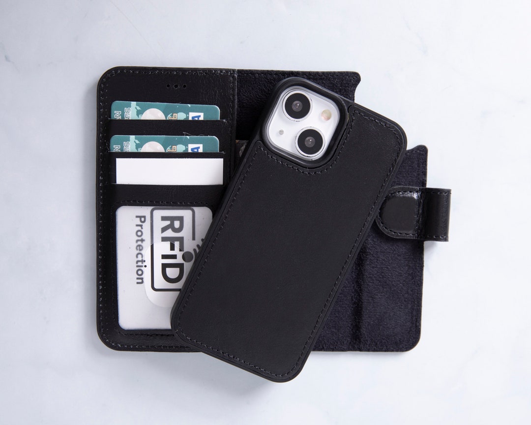 IPhone 13 Promax/pro/mini Black Leather Case, Genuine Leather Magnetic ...