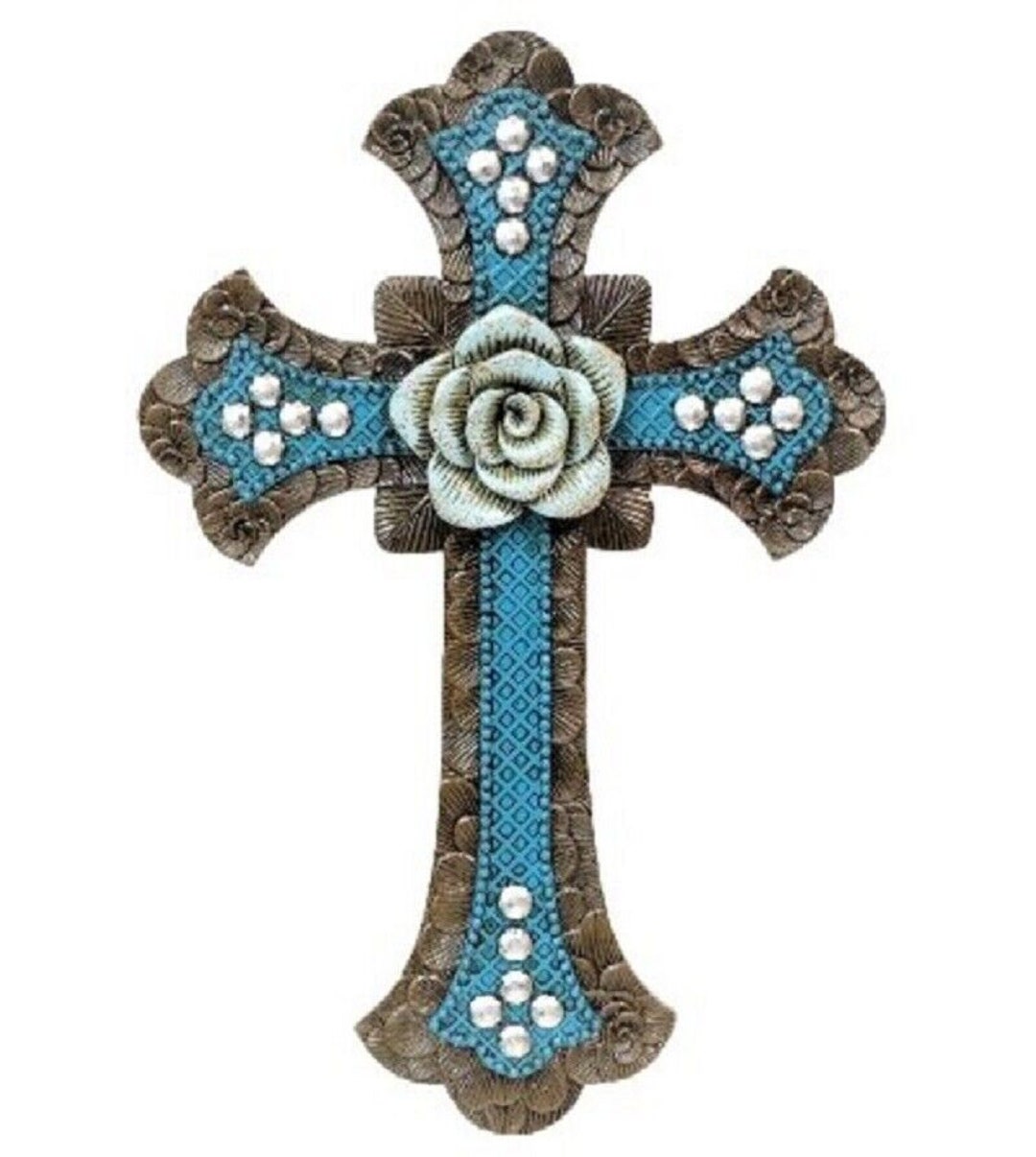 Blue Rose Floral Teal Cross Wall Hanging Décor Spiritual Art Religious ...