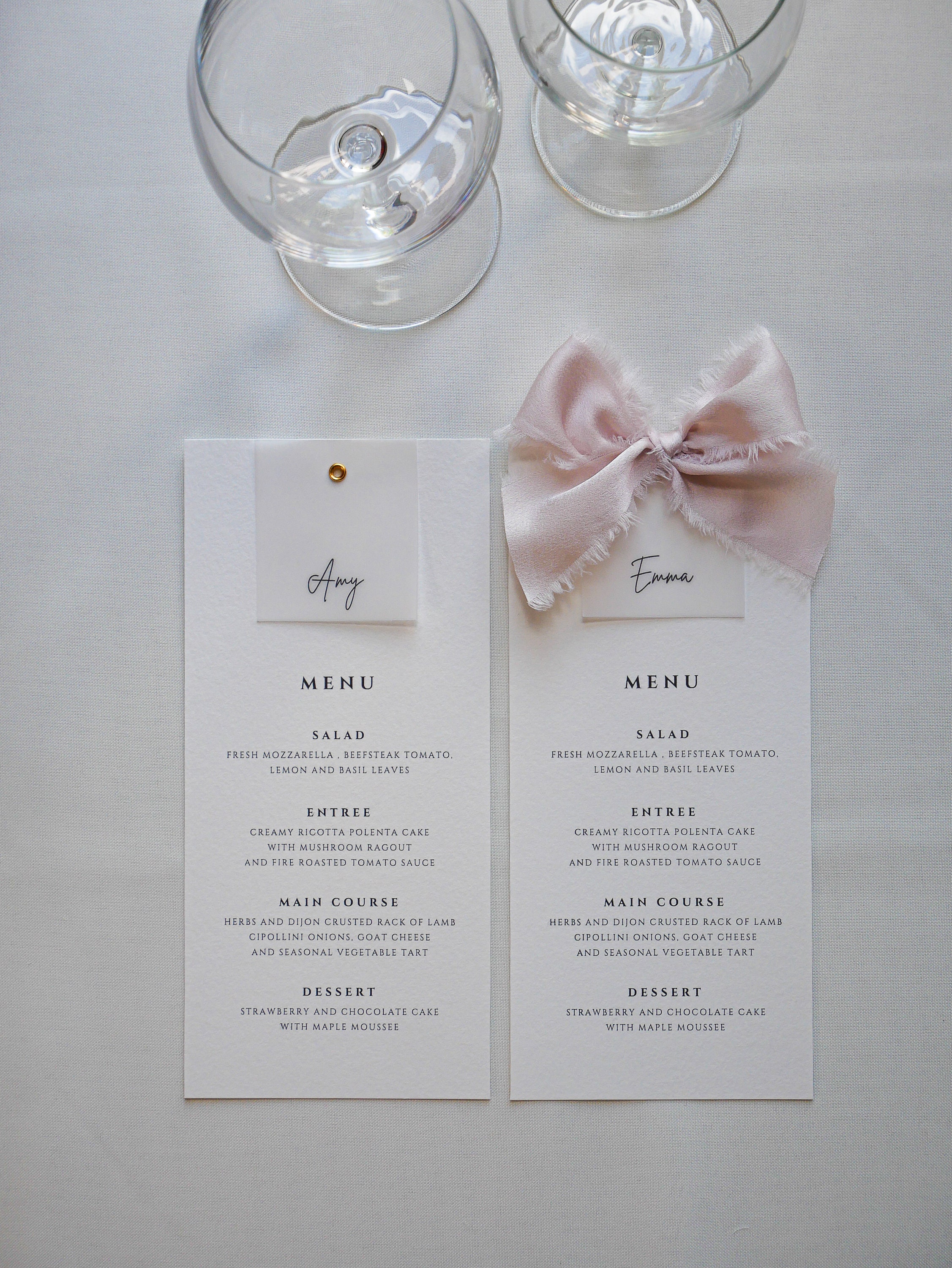 ZELIE Wedding Menu With Satin Ribbon Bow Modern and Romantic Place Card ...