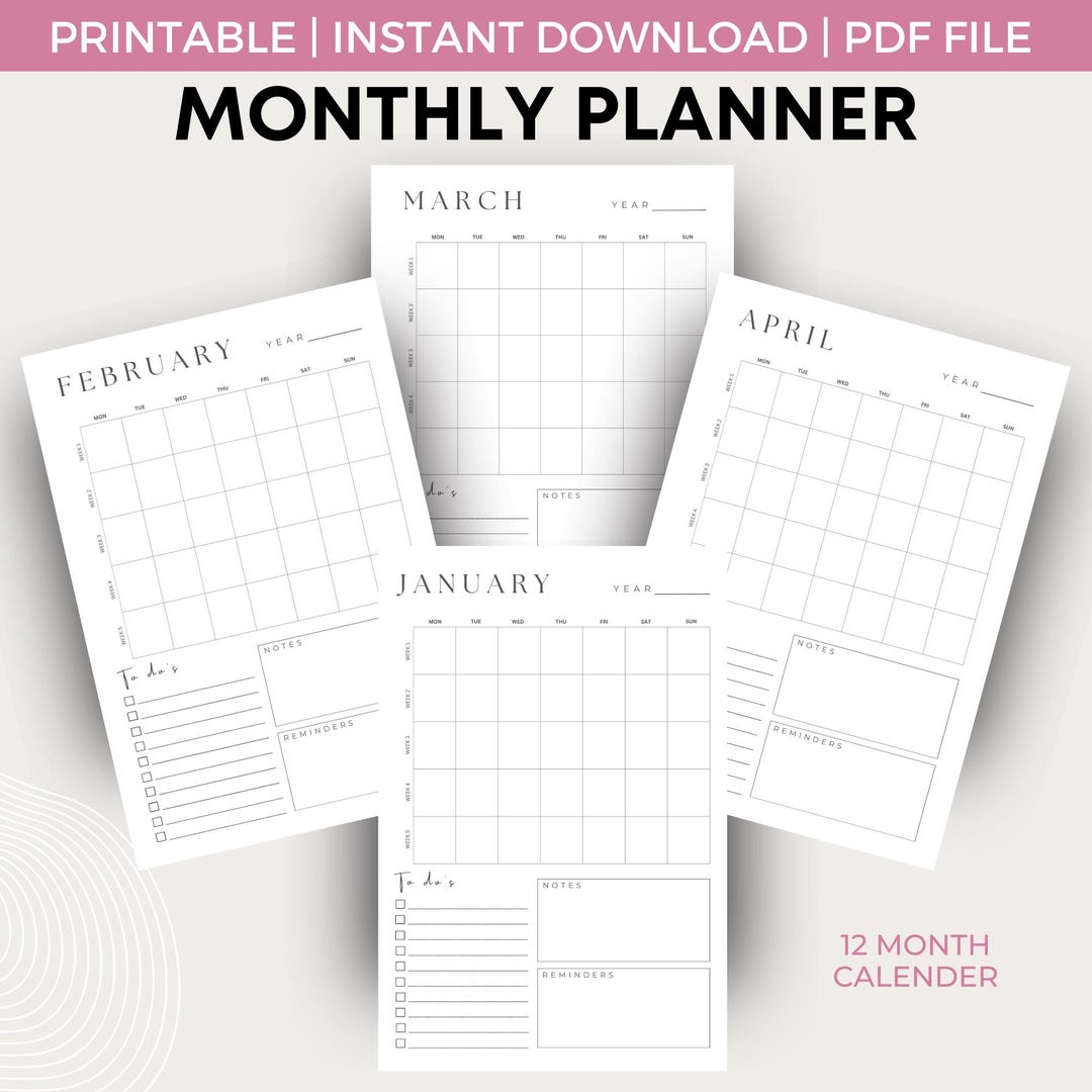 Monthly Planner - Printable Year Calendar PDF - Undated Template for ...