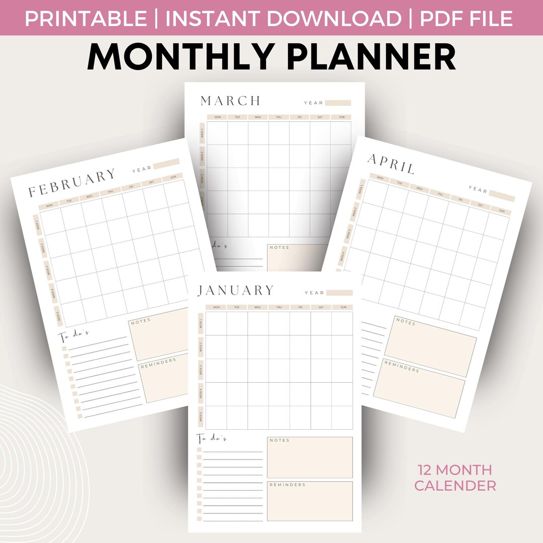 Monthly Planner - Printable Year Calendar PDF - Undated Template for ...