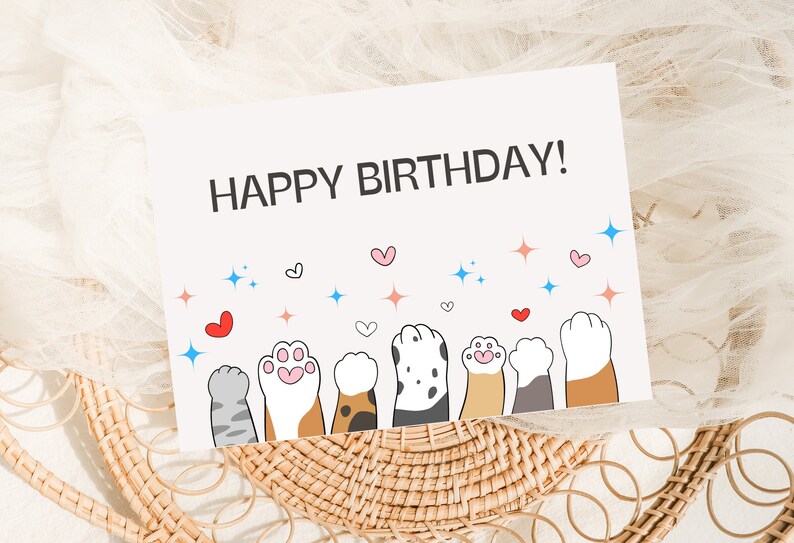 Cute Cat Paws - Happy Birthday Card Wishes - Digital Instant Download ...