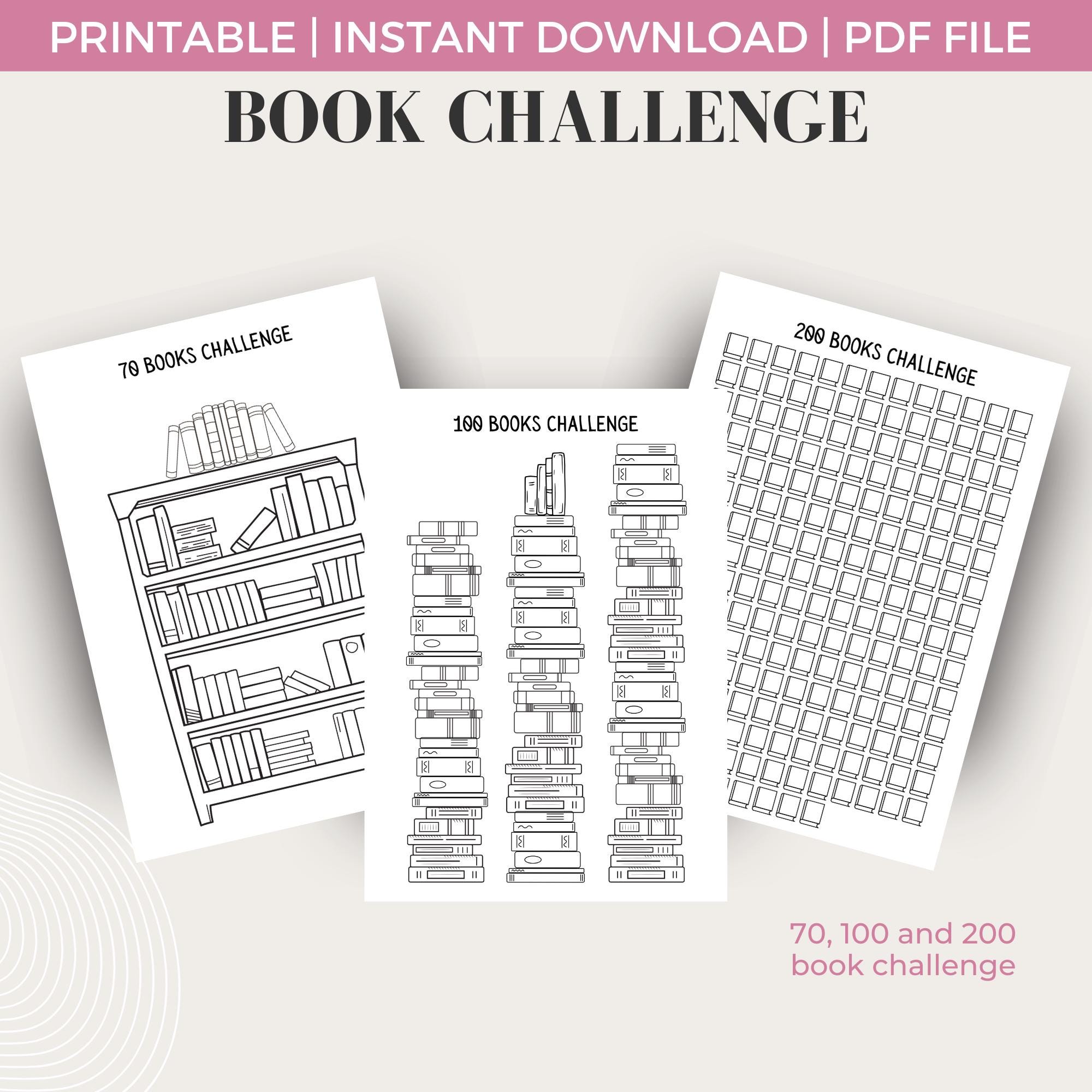 70, 100 and 200 Book Challenge | Printable Reading Challenge Tracker ...