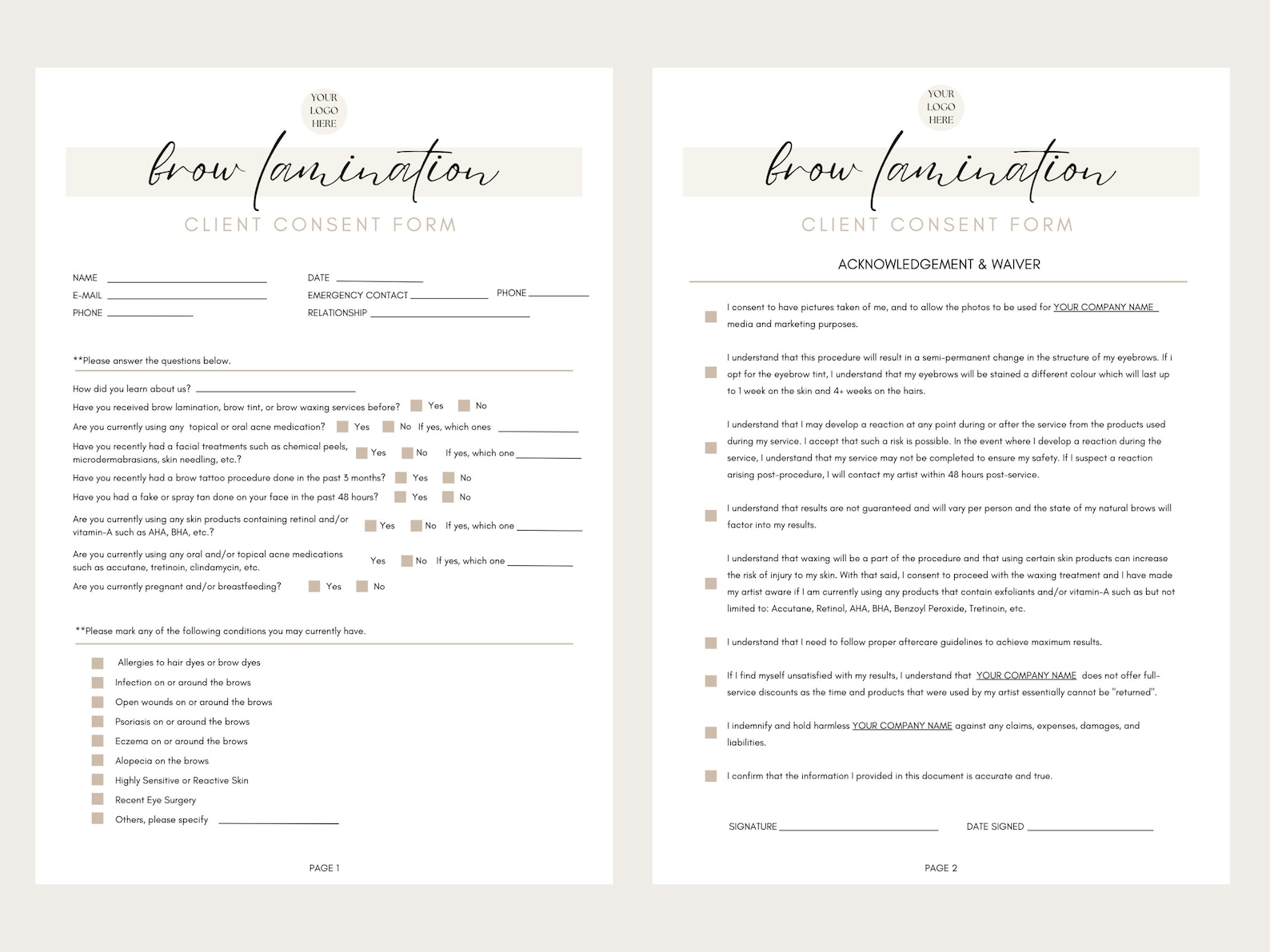 Editable Brow Lamination Client Consent Forms | Brow Lamination Client Intake Forms | Brow ...
