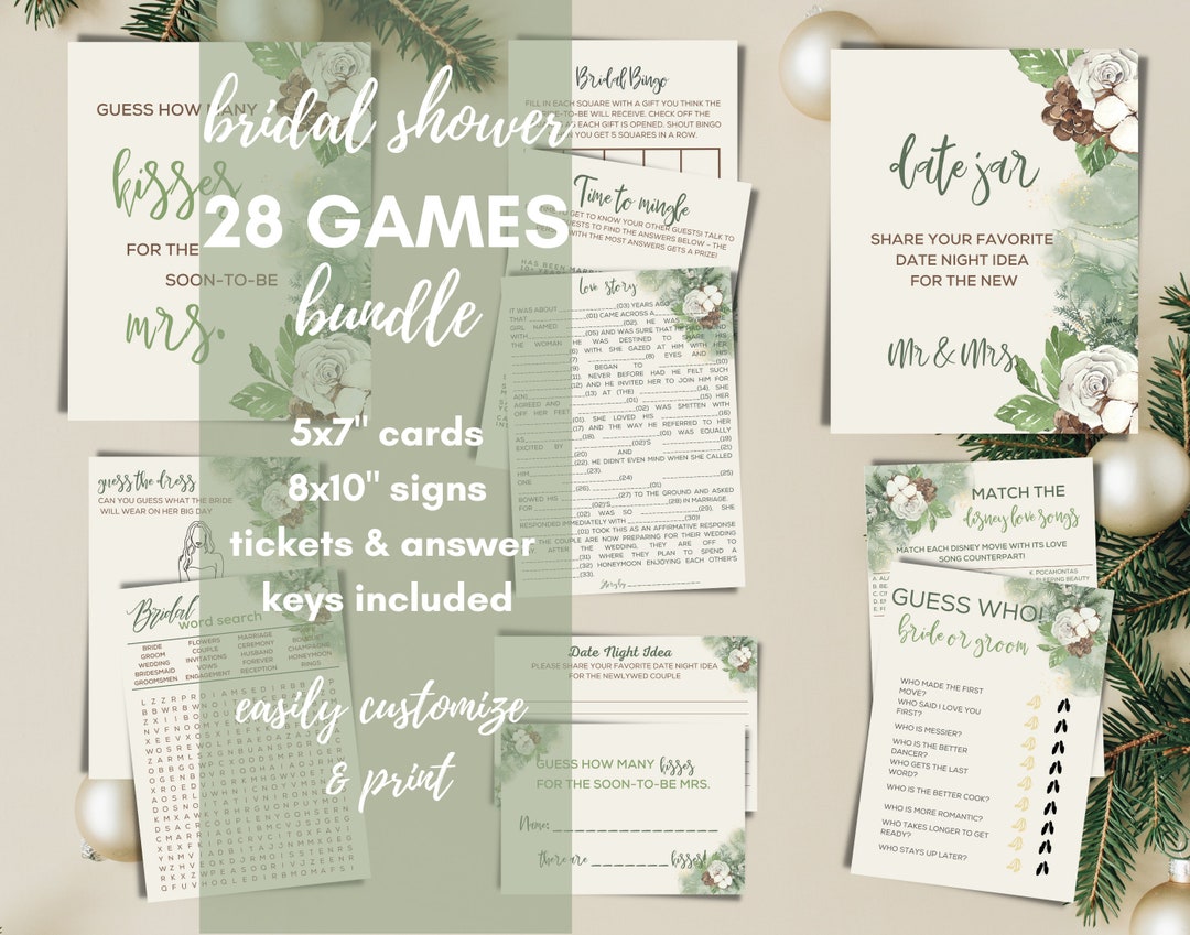 Winter Bridal Shower Game Bundle Greenery Bridal Shower Activities ...