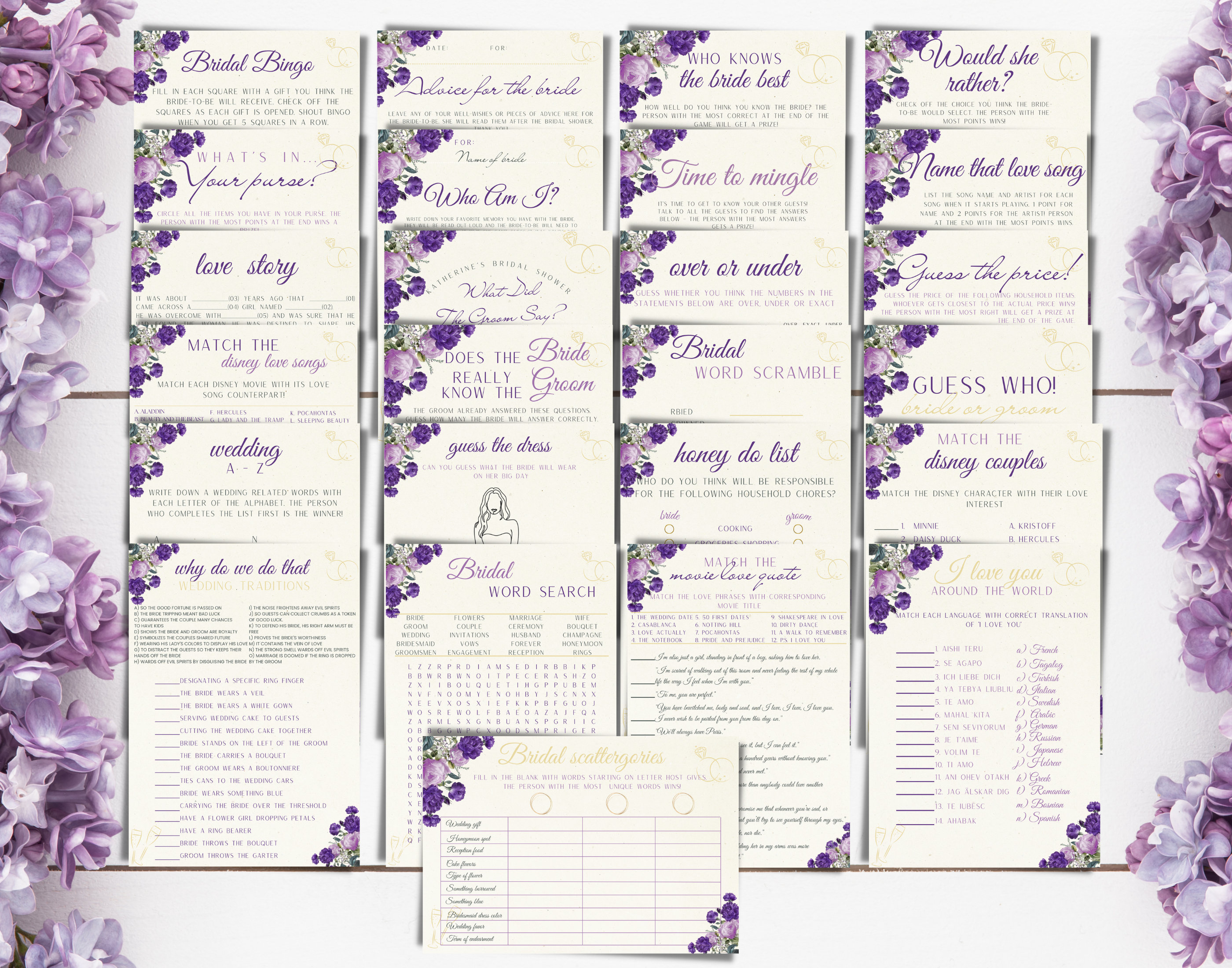Purple Bridal Shower Games Bundle Floral Bridal Activity Lilac ...