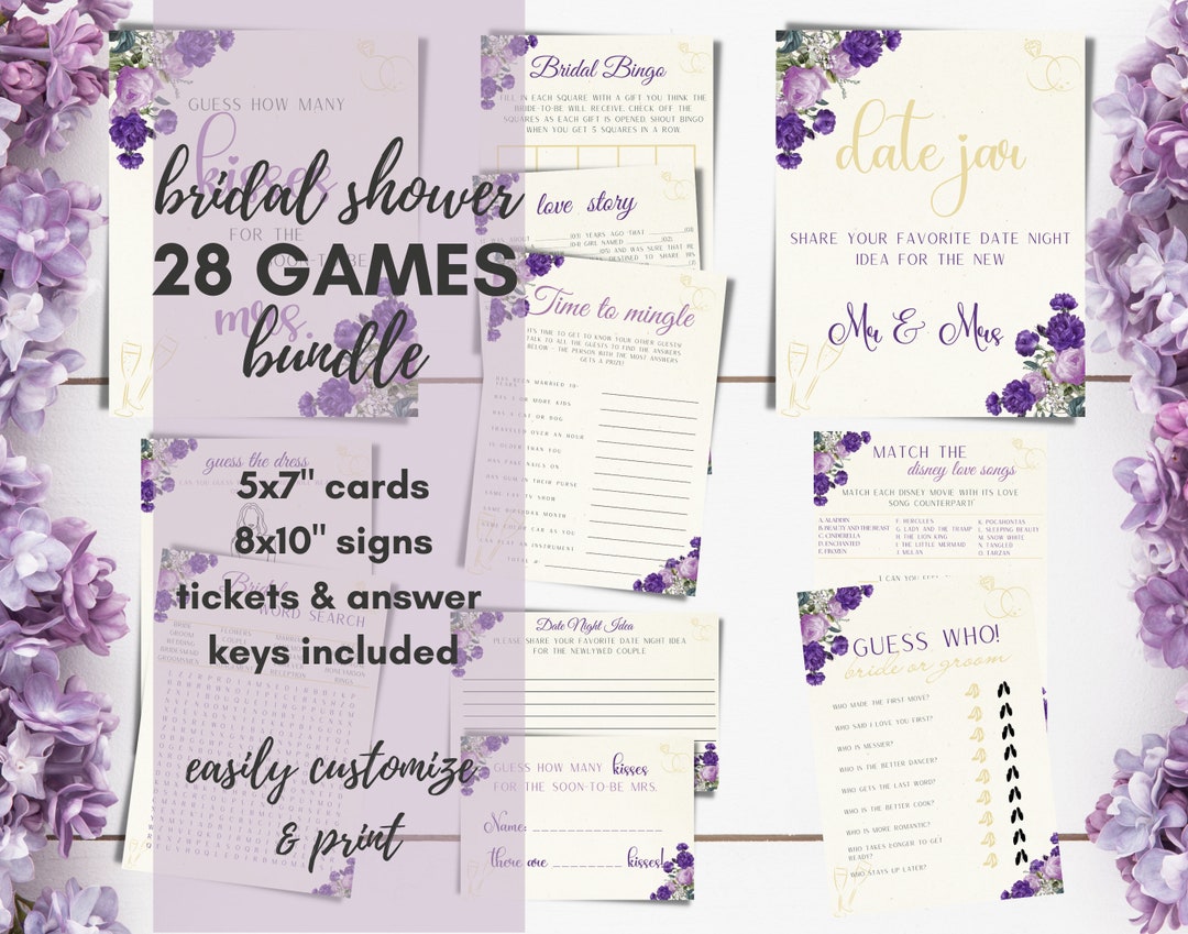 Purple Bridal Shower Games Bundle Floral Bridal Activity Lilac ...