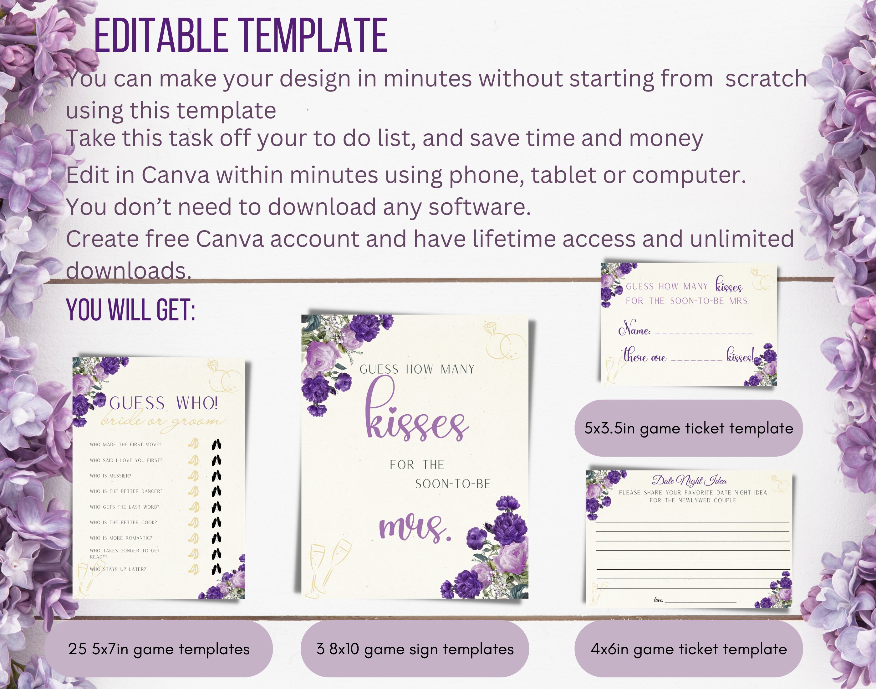 Purple Bridal Shower Games Bundle Floral Bridal Activity Lilac ...