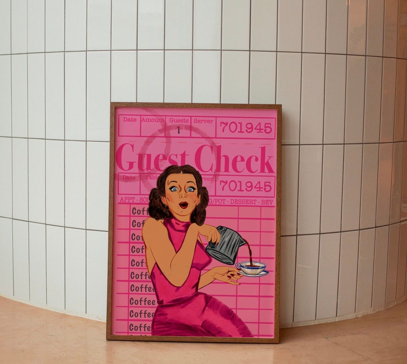 Guest Check Pinup, Vintage Coffee Bar Decor, Pink Wall Art, Printable ...