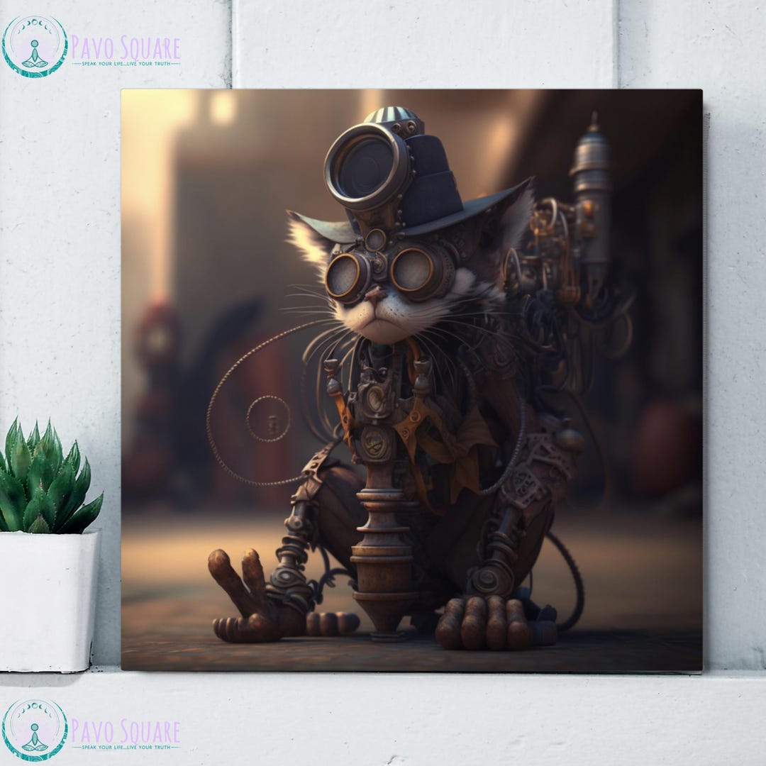 Steampunk Wall Art, Peace Sign Steampunk Kitty Metal Print, Futuristic ...