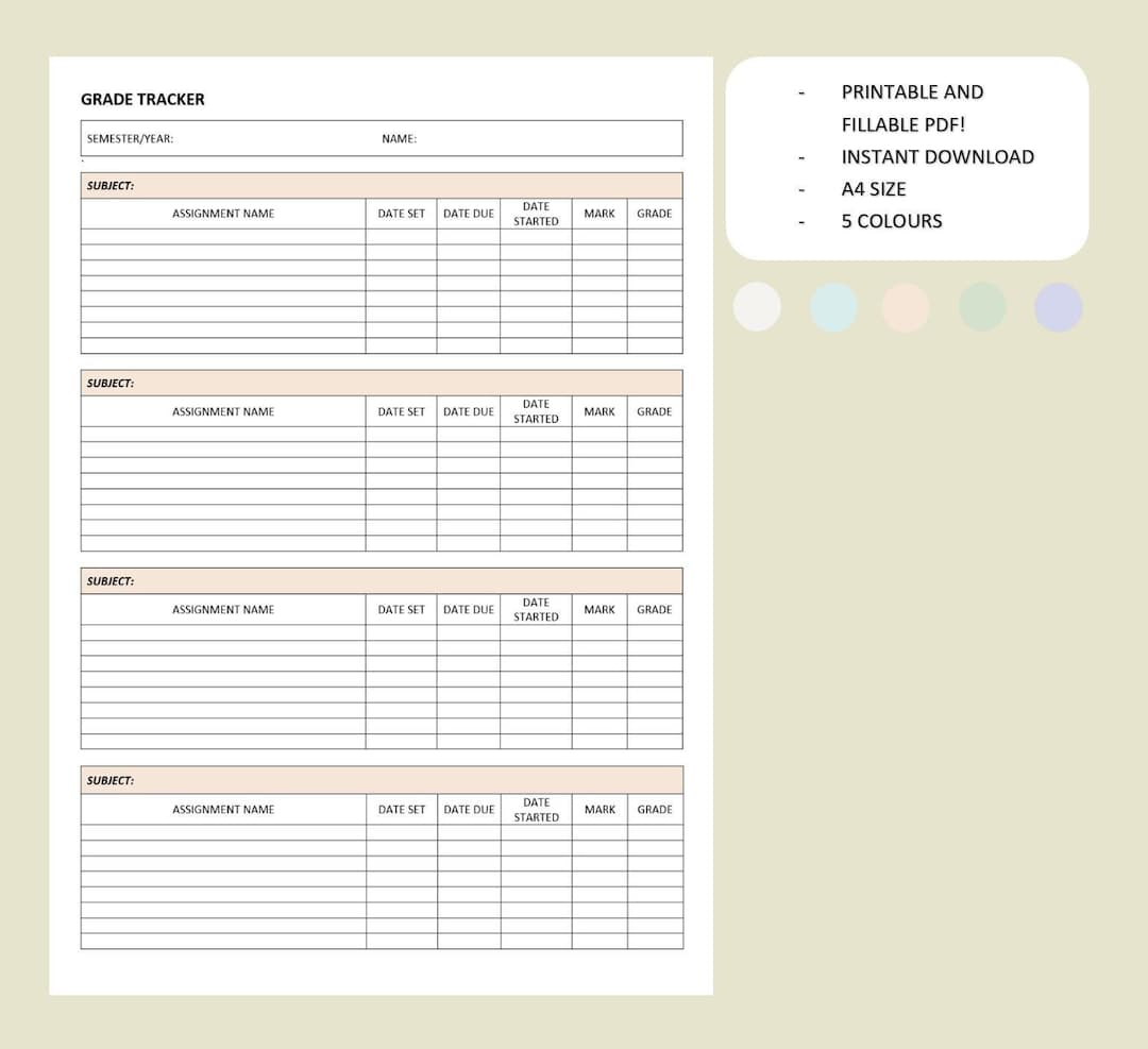 Grade Assignment Tracker | Printable Planner | College, University, A ...