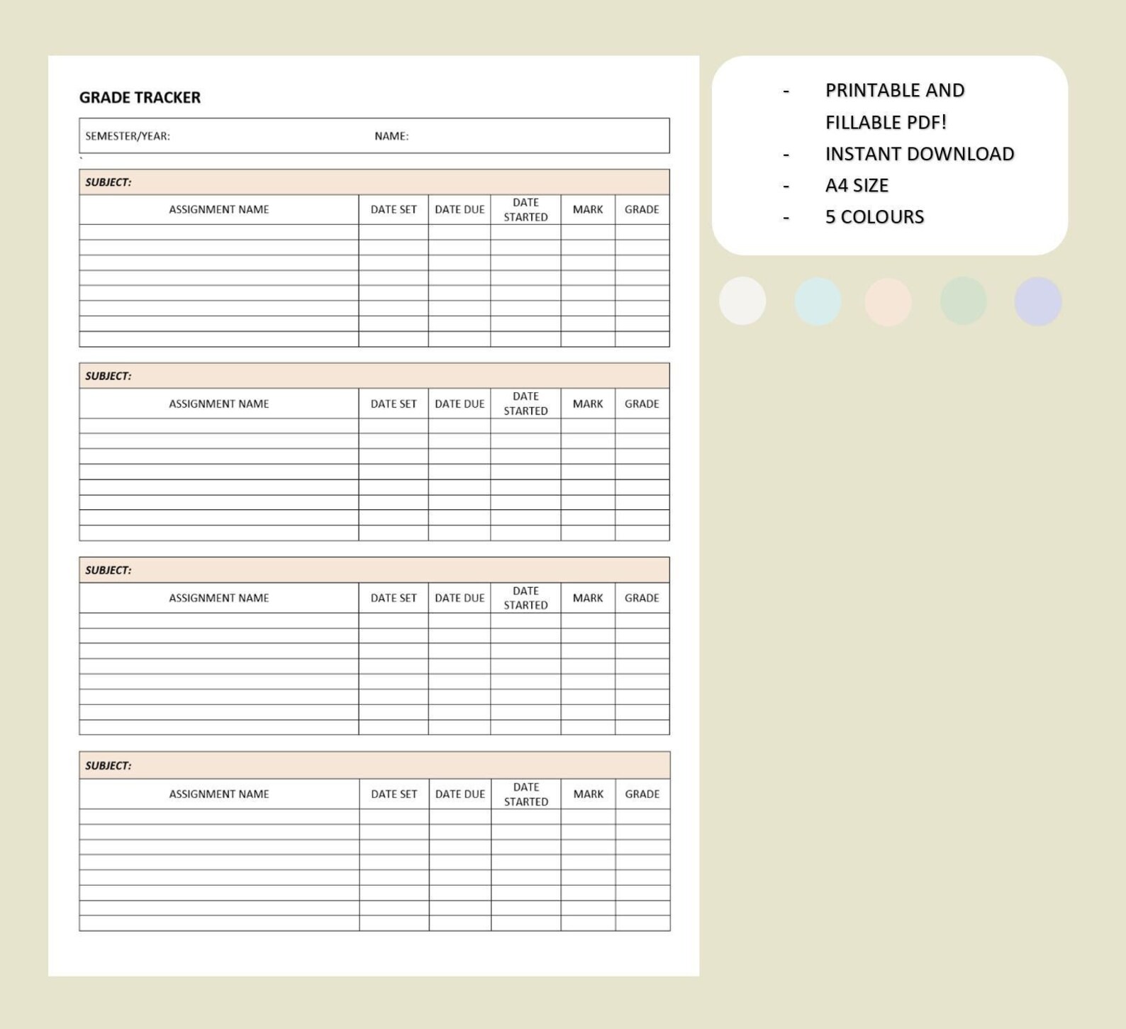 Grade Assignment Tracker | Printable Planner | College, University, A ...