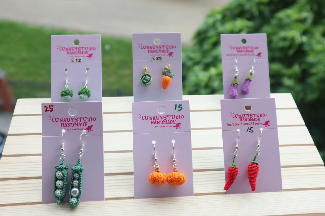 Granny Square Vegetable Earrings, Micro Crochet Pumpkin Carrot Chili ...