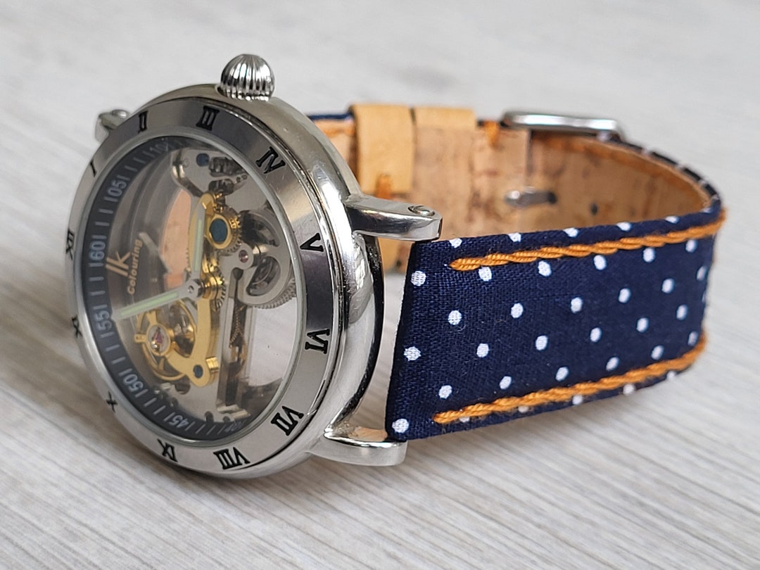Pois white Dots Fabric Watch Strap With Cork Lininghandmade to Order ...