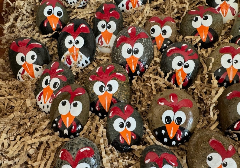 Funky Chickens! These Adorable Chickens Are Hand-painted on Beach Rock ...