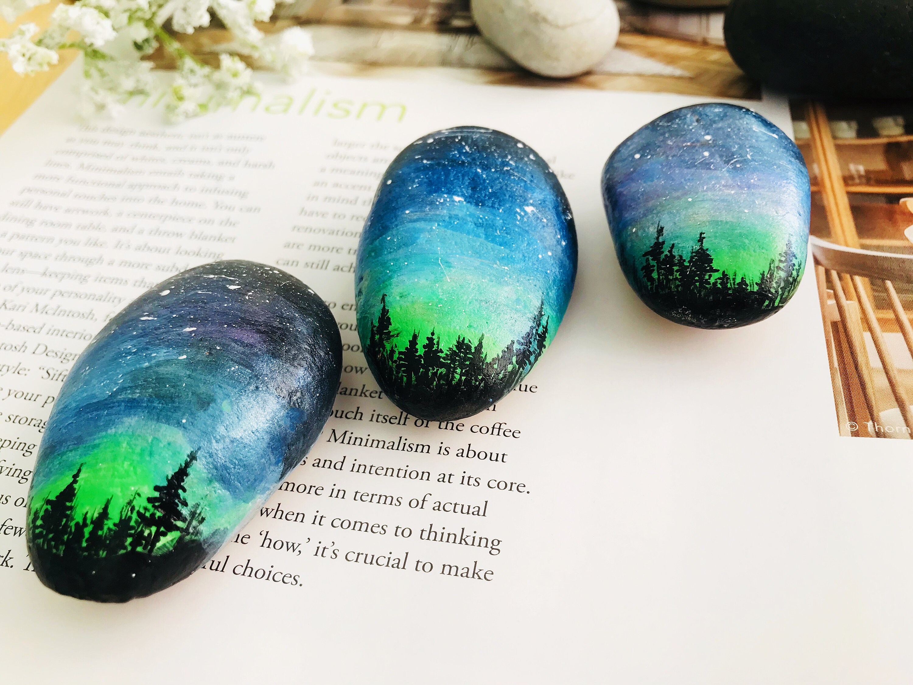 Holiday Gift, Night Sky in Forest Painted Rocks With Metallic Acrylics ...