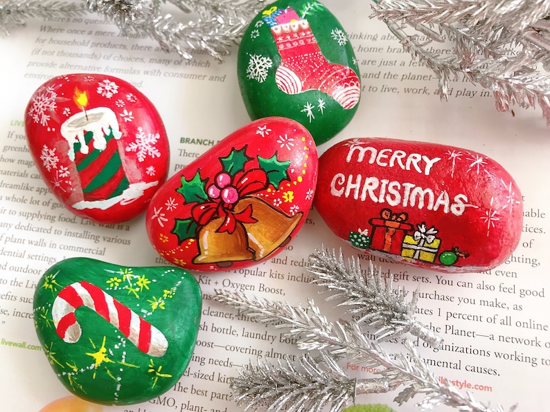 Christmas Gift,a Set of 5 Hand Painted Rocks , Acrylic Painted Art ...