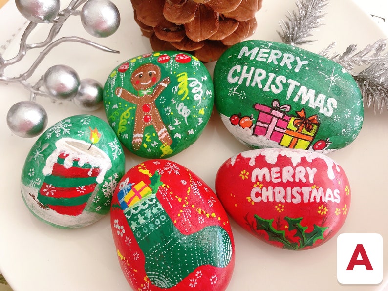 Christmas Gift,a Set of 5 Hand Painted Rocks , Acrylic Painted Art ...