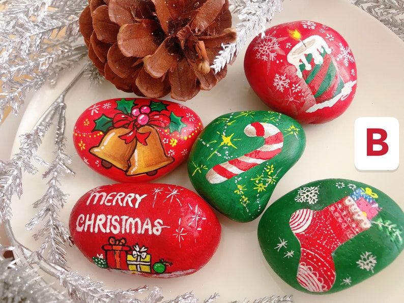 Christmas Gift,a Set of 5 Hand Painted Rocks , Acrylic Painted Art ...