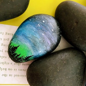 Holiday Gift, Night Sky in Forest Painted Rocks With Metallic Acrylics ...