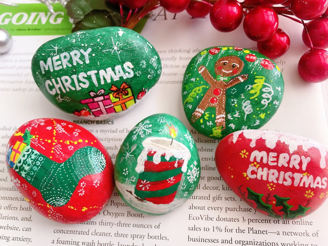 Christmas Gift,a Set of 5 Hand Painted Rocks , Acrylic Painted Art ...