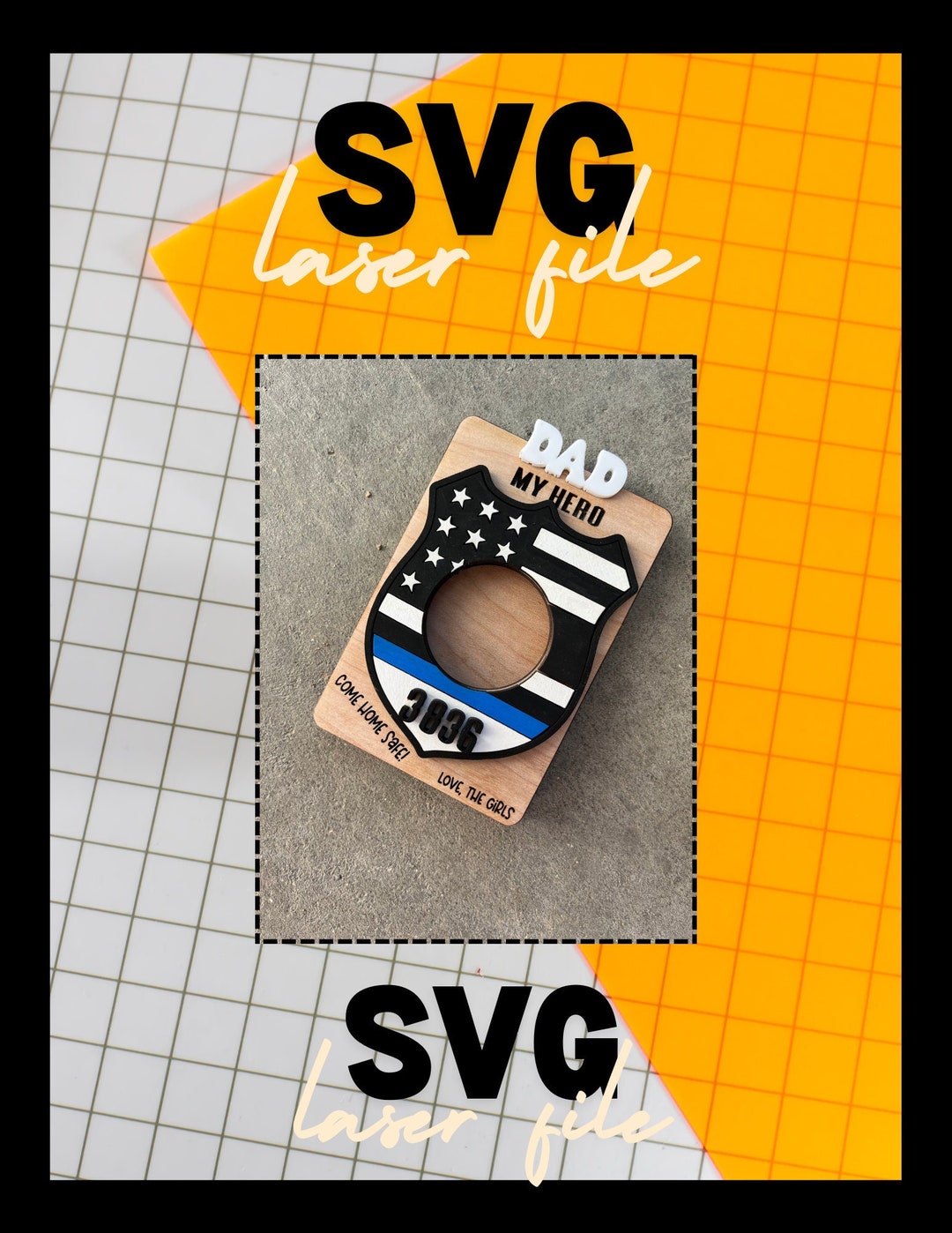 SVG Laser Police Badge Frame Photo, Gift for Mom Dad, Magnet Fridge ...