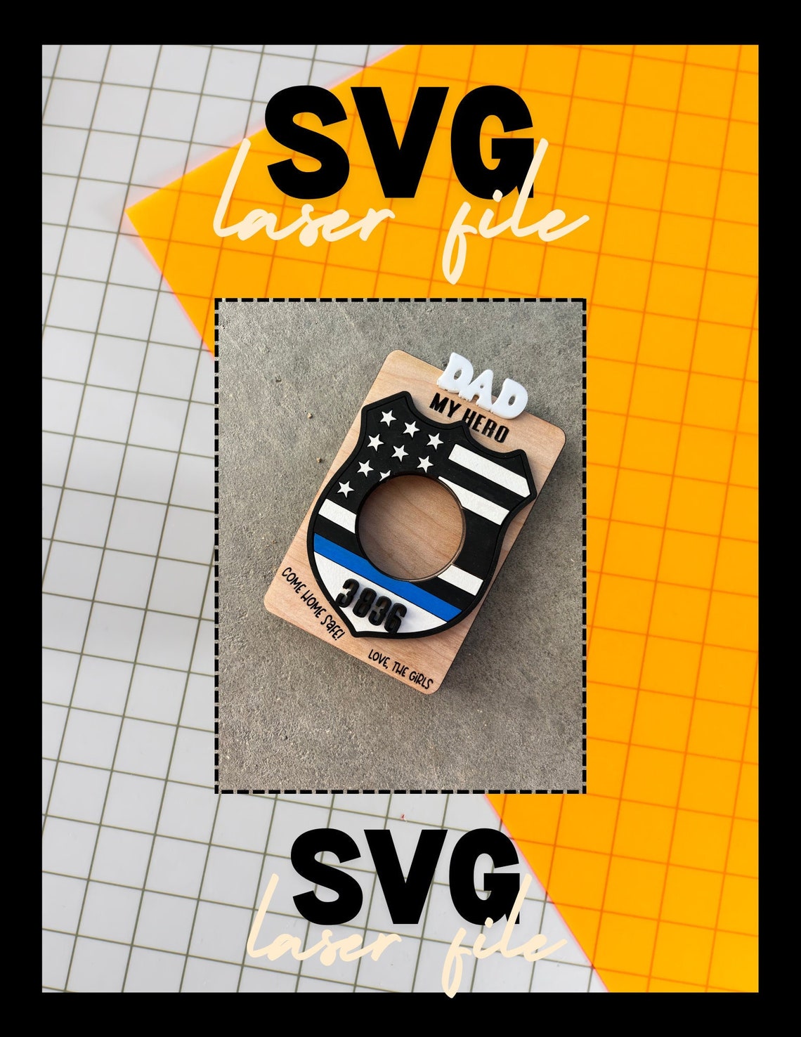 SVG Laser Police Badge Frame Photo, Gift for Mom Dad, Magnet Fridge ...