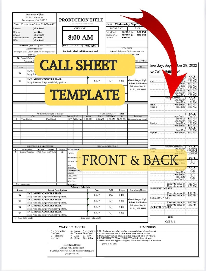 Call Sheet Template (production Paperwork) - Etsy