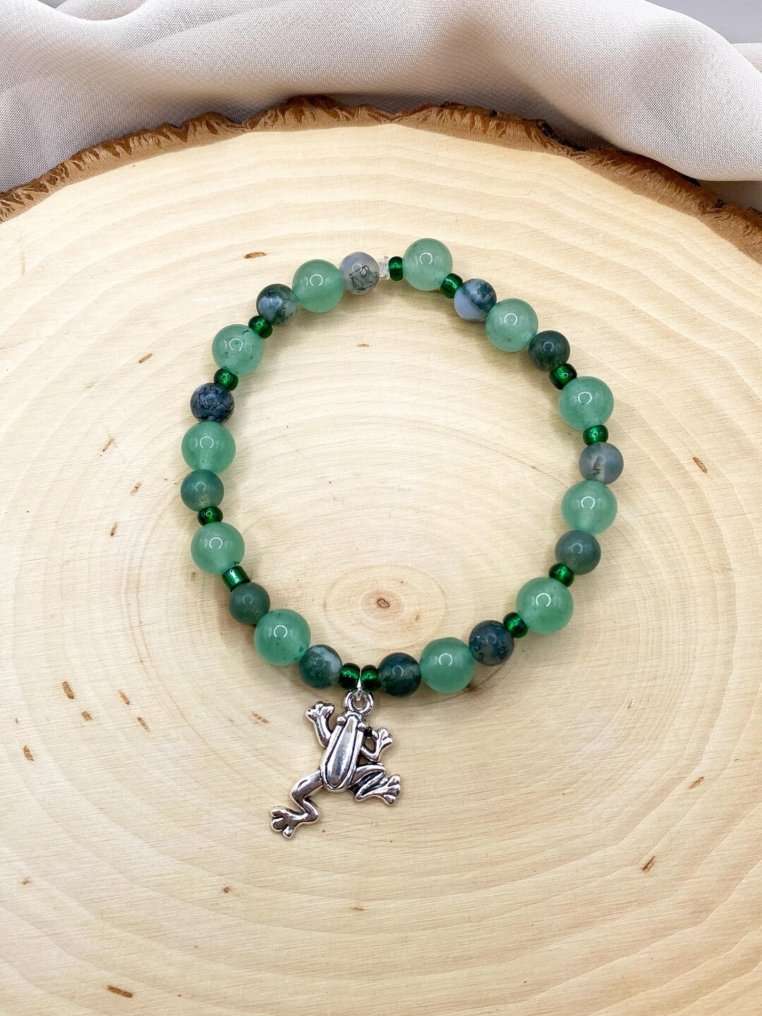 Green Aventurine and Moss Agate Frog Charm Beaded Stretchy Bracelet ...