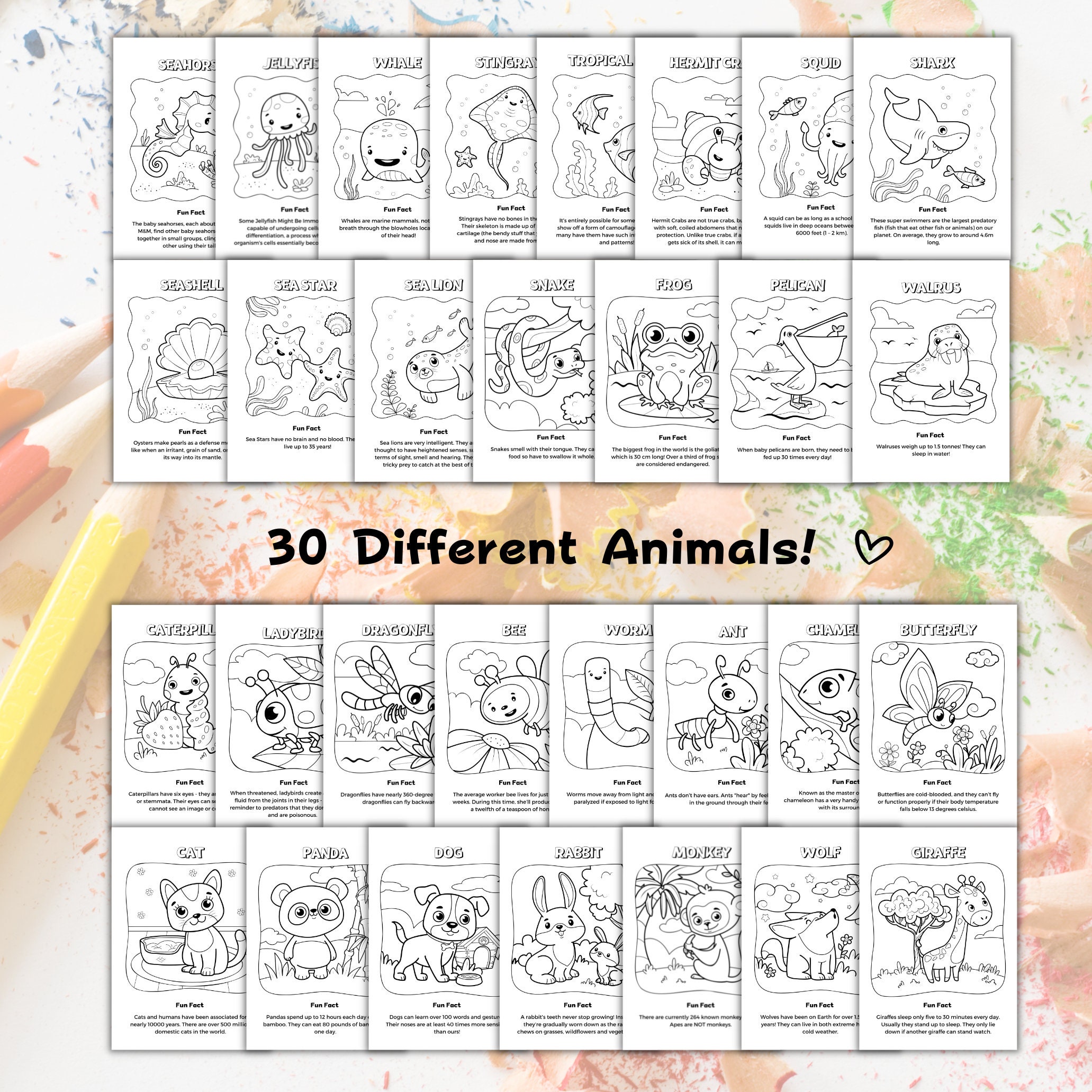 30 Printable Coloring Pages With 30 Animals | Digital Coloring ...