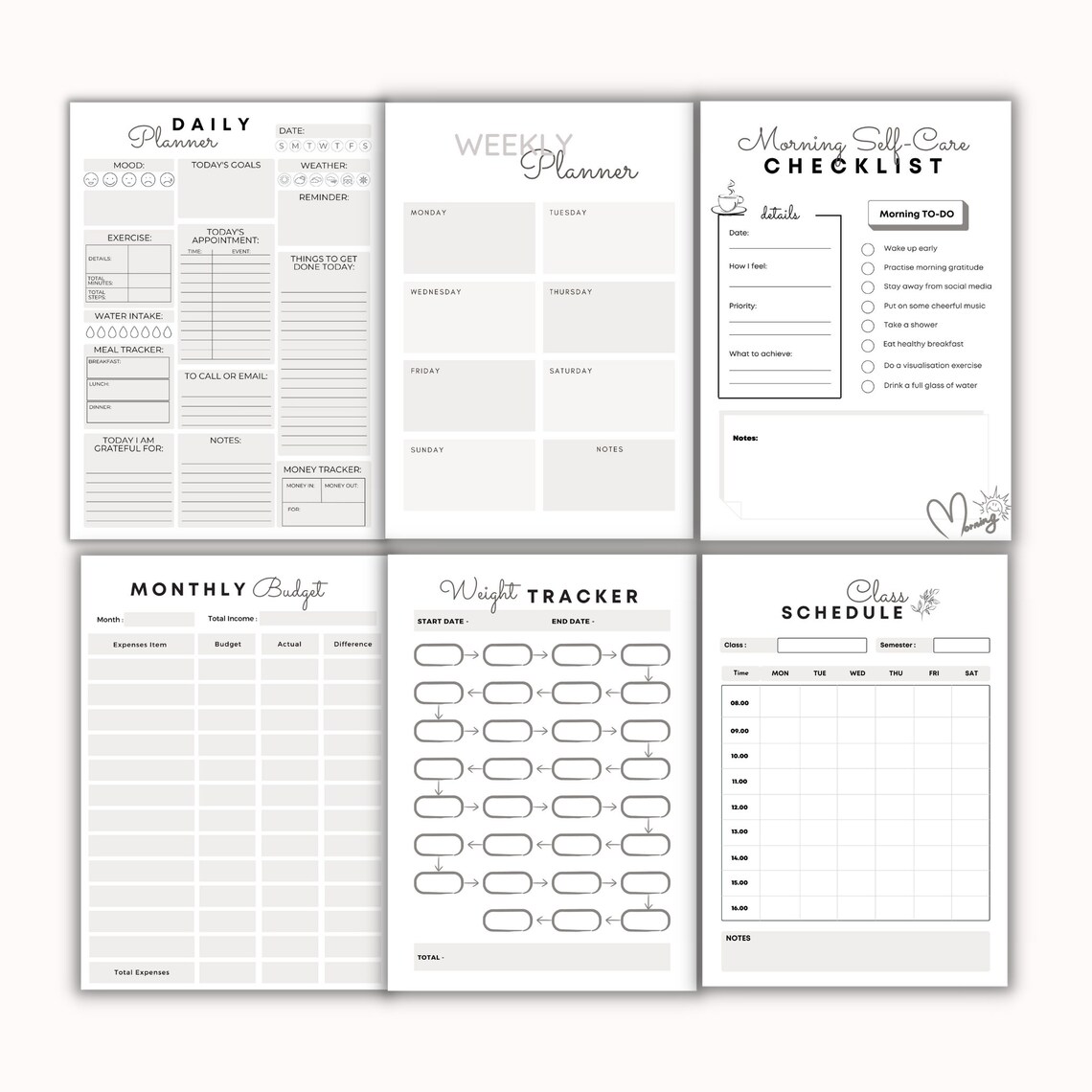Self-care Planner Bundle 20 Pages Grey | Daily Monthly Planner Tracker ...
