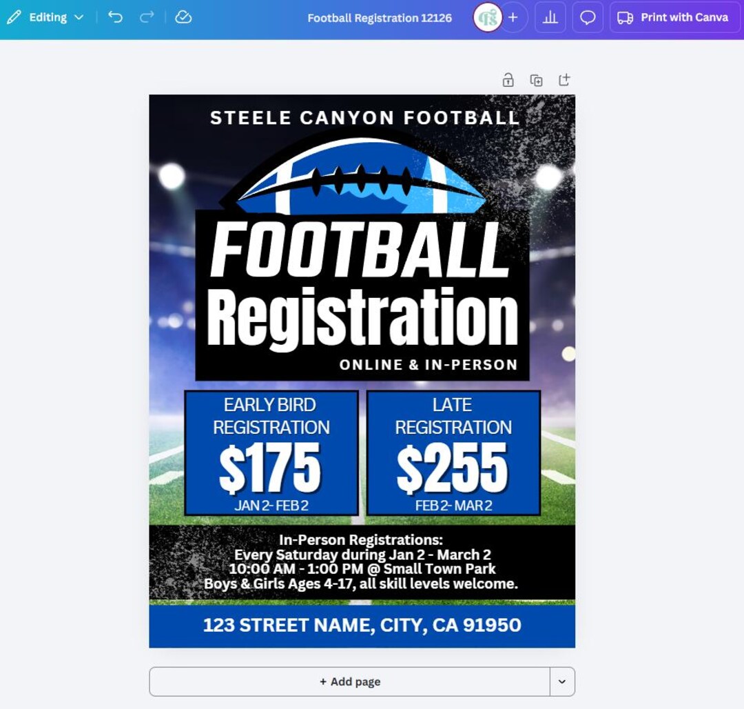 Football Registration Flyer Template, Pop Warner Poster (8.5x11) (canva ...