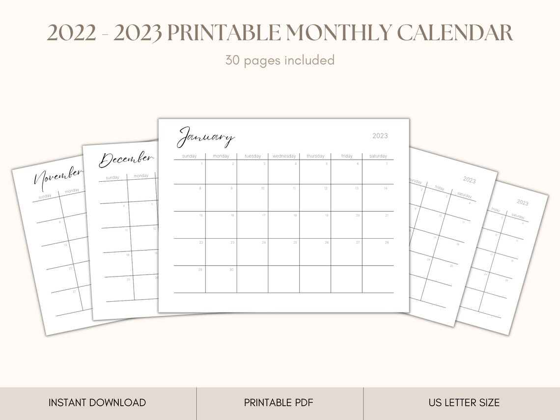 2022-2023 Printable Monthly Calendar With Sunday and Monday - Etsy Canada