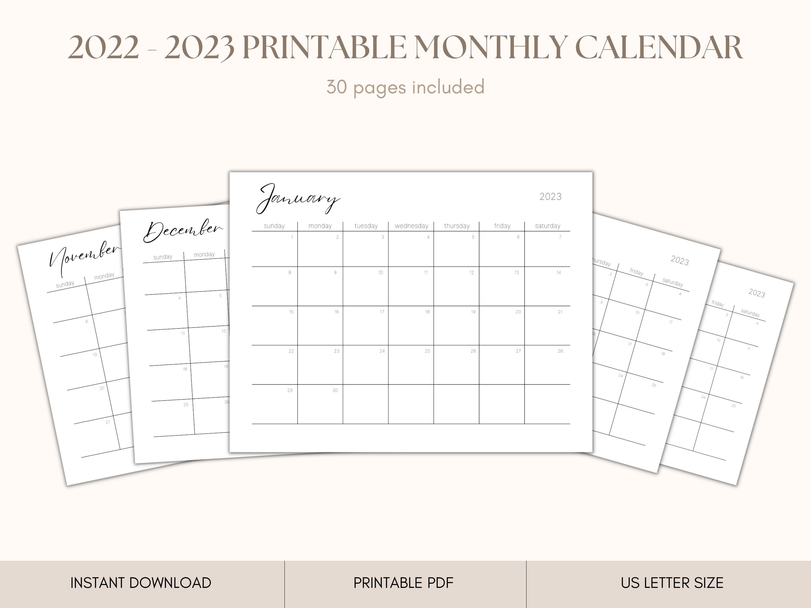 2022-2023 Printable Monthly Calendar With Sunday and Monday - Etsy Canada