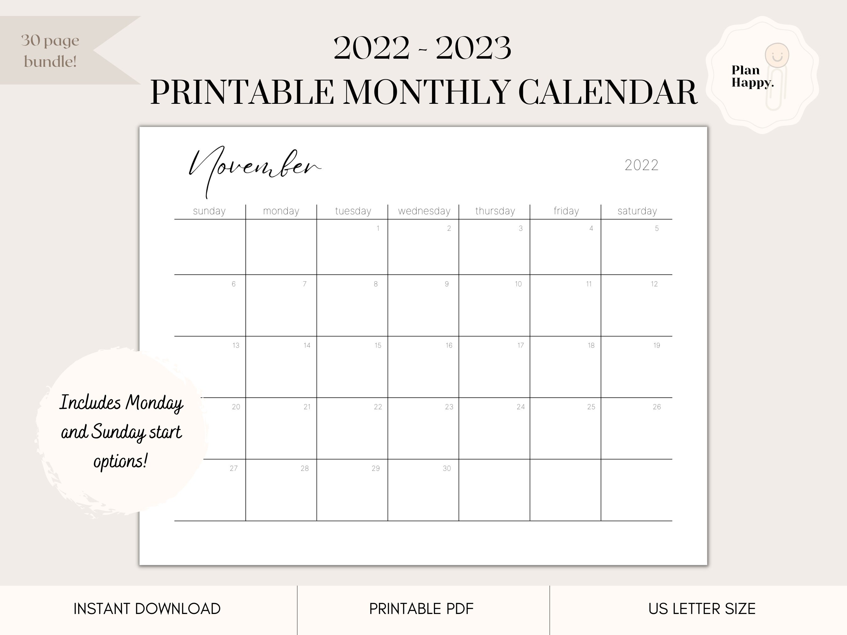 2022-2023 Printable Monthly Calendar With Sunday and Monday - Etsy Canada