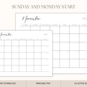 2022-2023 Printable Monthly Calendar With Sunday and Monday - Etsy Canada