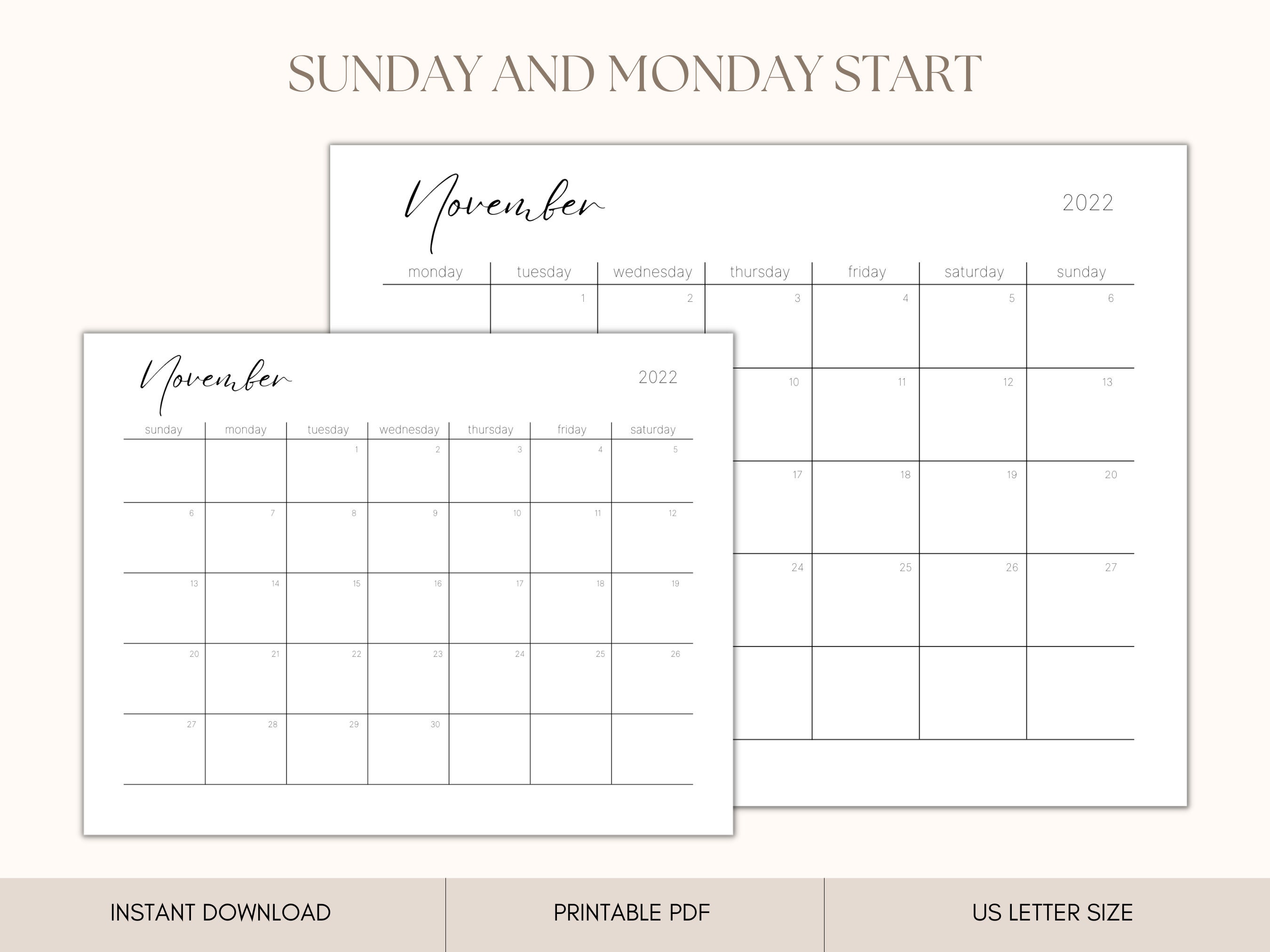 2022-2023 Printable Monthly Calendar With Sunday and Monday - Etsy Canada