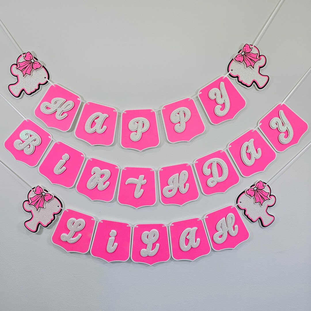 Pink Girl With Hair Bow Happy Birthday Banner Girls Personalized White ...