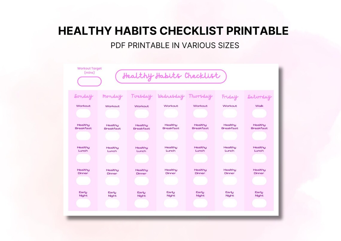Health Habits Checklist Printable Diet Tracker Sabbath Friendly Daily ...