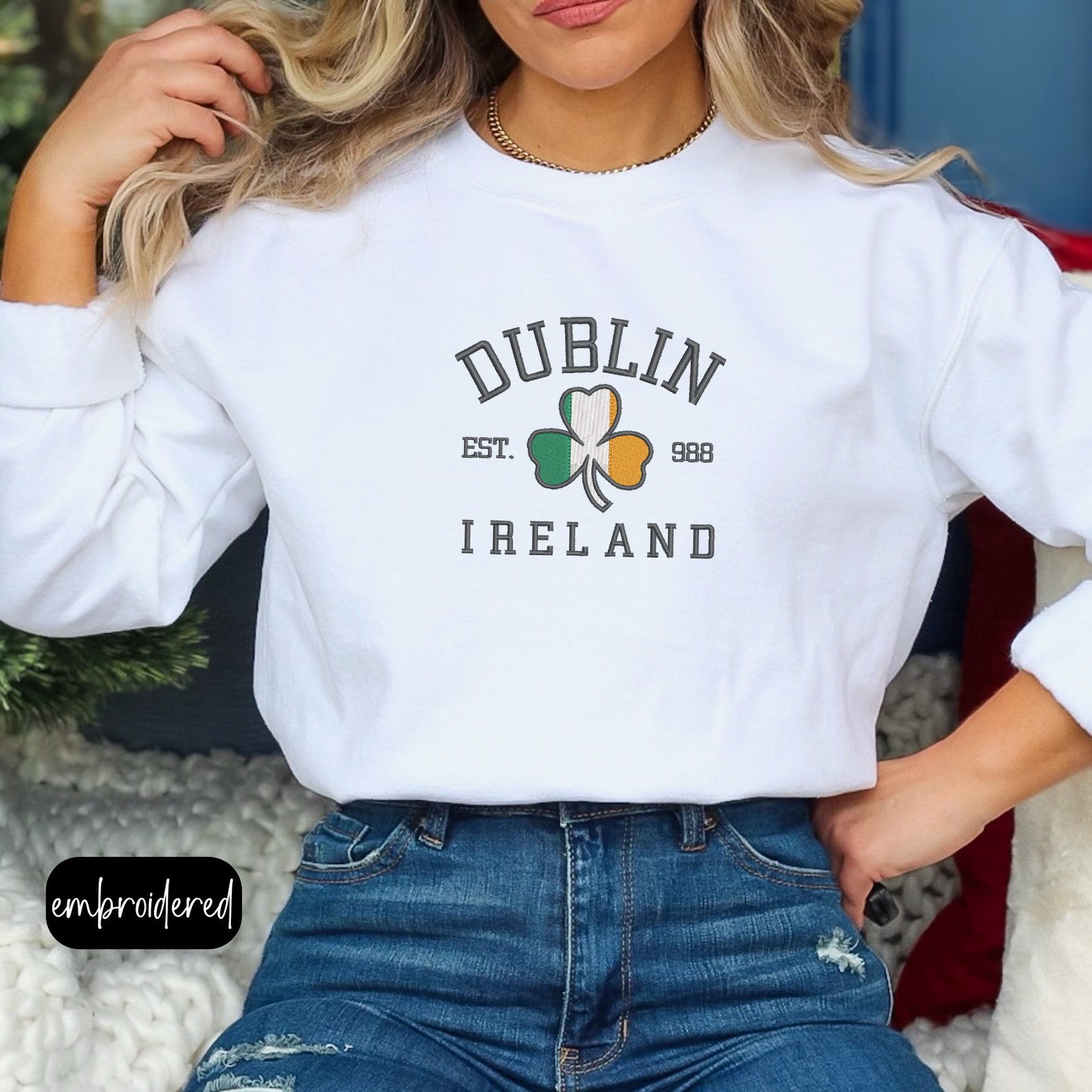 Embroidered Dublin Ireland Crewneck Irish Flag Shamrock Design Irish ...