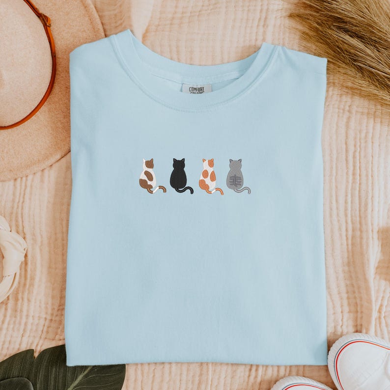 Embroidered Cat T-shirt: Minimalist Kitty Design, Cat Lover Gift - Etsy