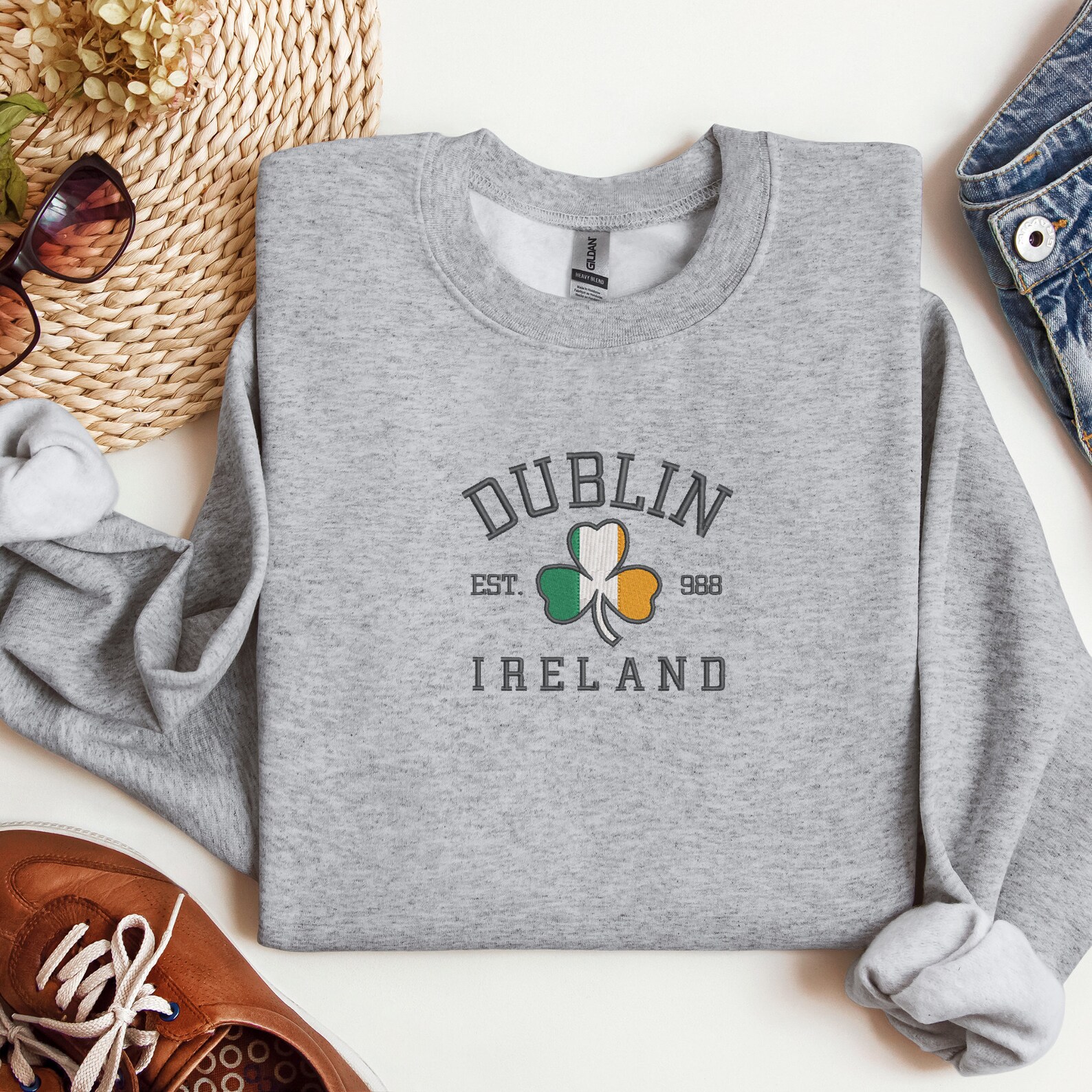 Embroidered Dublin Ireland Crewneck Irish Flag Shamrock Design Irish ...