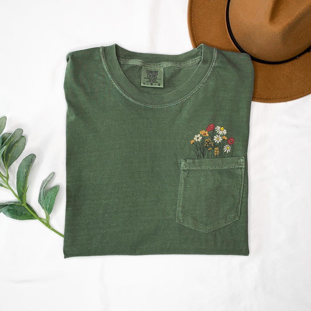 Embroidered Floral Pocket Tee: Mid-century Comfort Colors Shirt - Etsy